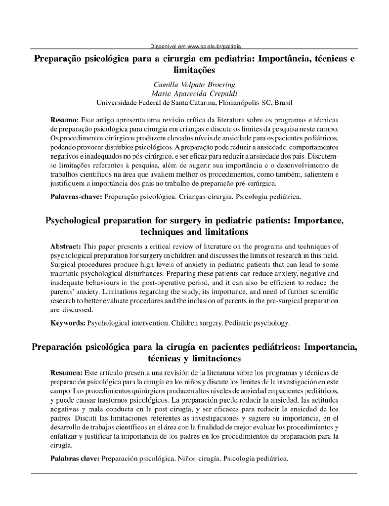 Preparação psicológica para a cirurgia em pediatria: importância ... Preparação psicológica para a cirurgia em pediatria: importância ...